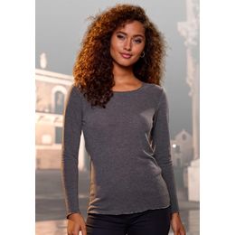 Langarmshirt Lascana "mit feiner Glitzereinfassung", Damen, Gr. 44/46, schwarz (anthrazit melange), Feinstrick, Obermaterial: 62% Polyester (REPREVE), 34% Viskose, 4% Elasthan, Glanzfaden, unifarben, bequem, tiefer Rundhals, Shirts Langarmshirt, aus weichem Viskose-Feinstrick, Topseller