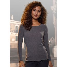 Langarmshirt Lascana "mit feiner Glitzereinfassung", Damen, Gr. 48/50, schwarz (anthrazit melange), Feinstrick, Obermaterial: 62% Polyester (REPREVE), 34% Viskose, 4% Elasthan, Glanzfaden, unifarben, bequem, tiefer Rundhals, Shirts Langarmshirt, aus weichem Viskose-Feinstrick, Topseller