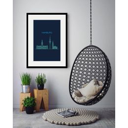Bild queence "Hamburg Sightseeing", blau (farbe rahmen: schwarz, farbe bild(er): blau), B:50cm H:70cm, Acrylglas, Holz, Papier, Bilder, Bild, HD Premium Poster-Druck inkl. Holzrahmen