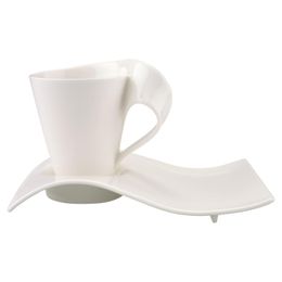 Villeroy & Boch Tasse VILLEROY & BOCH "Kaffeebecher mit Unterteller NewWave Caff&egrave; 300 ml wei&szlig;", wei&szlig;, Porzellan, Trinkgef&auml;&szlig;e, Tasse