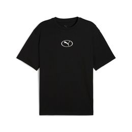 T-Shirt Puma "SPORT RELAXED GRAPHIC TEE", Herren, Gr. S, schwarz (Puma schwarz), Jersey, Obermaterial: 100% Baumwolle, bedruckt, relaxed fit normal, Rundhals, Shirts T-Shirt, Kurzarm, Rundhalsausschnitt, mit Print-Applikation