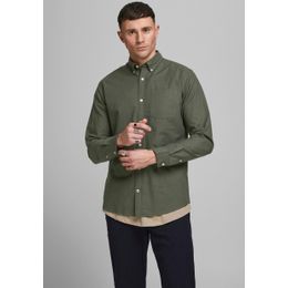 Jack & Jones Langarmhemd JACK & JONES "OXFORD SHIRT", Herren, Gr. S, N-Gr, gr&uuml;n (olivgr&uuml;n), Web, Obermaterial: 100% Baumwolle, schmal, Hemden Langarmhemd