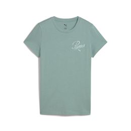 T-Shirt Puma "ESS SCRIPT TEE", Damen, Gr. XS, gr&uuml;n (gr&uuml;n moon), Jersey, Obermaterial: 100% Baumwolle, bedruckt, regular fit normal, Rundhals, Shirts T-Shirt, Regular Fit, sportlicher Stil, mit Grafikstickerei und Print
