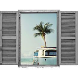 Wandtattoo queence "Auto am Meer", blau, B:80cm H:60cm T:0,1cm, Wandtattoos, Wandtattoo, Wandsticker, Wandbild, selbstklebend, 3D, Fenster