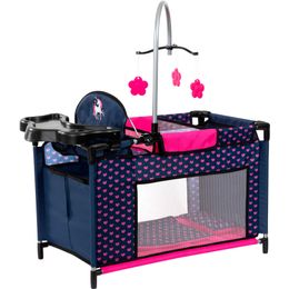 Puppenbett BAYER "Multibett", bunt (einhorn blau, pink), Puppenm&ouml;bel, KinderB:32cm H:72cm T:68cm, Kunststoff, Metall, Stoff, Puppenbett, mit integriertem Hochstuhl, Wickelablage und Mobile, B:32cm H:72cm T:68cm