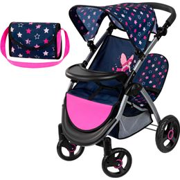 Puppen-Zwillingsbuggy BAYER "Twin Star, blau/pink", blau (blau, pink), Puppenwagen, KinderB:41cm H:60cm T:68cm, Kunststoff, Metall, Stoff, Puppen-Zwillingsbuggy, mit Wickeltasche, B:41cm H:60cm T:68cm