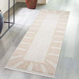 Teppich Carpet City "CLASICO 9152", beige, B:80cm H:11mm L:300cm, Obermaterial: 100% Polyester, Teppiche, Teppich, L&auml;ufer, Kurzflor, Hochtief-Muster, Boho, Fransen, Wohnzimmer