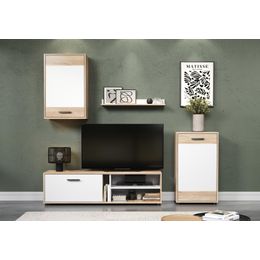 Wohnwand Inosign "Valetta inkl. TV-Kommode, H&auml;nge-Vitrine, Sideboard und Wandregal", wei&szlig; (eiche und wei&szlig;), B:205cm H:180cm T:35cm, Holzwerkstoff, Kunststoff, Kastenm&ouml;bel-Sets, Wohnwand, inkl. Lowboard, H&auml;ngeschrank, Wandboard und Highboard