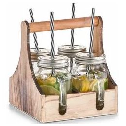Gl&auml;ser-Set zeller PRESENT, braun (transparent, holzfarben, silberfarben), 450ml, 5 Stk., Glas, Holz, Metall, Trinkgef&auml;&szlig;e, in praktischer Holzkiste zum Tragen