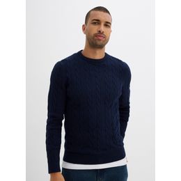 bonprix Feinstrickpullover mit Zopfmuster aus weichem Baumwollmix Slim Fit, blau, mit Baumwolle