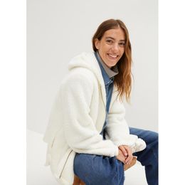 bonprix Damen bonprix Fleecejacke mit Kapuze aus kuscheligem Teddymaterial, mit Stehkragen und Kapuze, in A-Linie wei&szlig; 40/42 (M)
