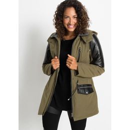 bonprix Damen bonprix Parka &raquo;Parka mit Lederimitat-Eins&auml;tzen&laquo; mit Kapuze mit Kapuze, aus Polyester, Baumwolle und Viskose gr&uuml;n 36