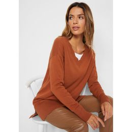 bonprix Damen bonprix Longpullover &raquo;Long-Pullover&laquo; aus Baumwolle und Polyamid, mit V-Ausschnitt, mit Seitenschlitzen braun 40/42 (M)