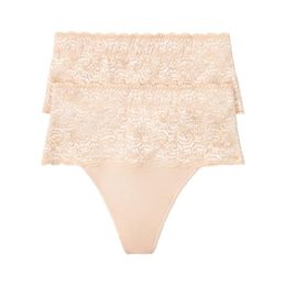 bonprix Damen bonprix String Packung, 2 Stk. mit breitem Spitzenbund, elastisches Material, figurbetonte Passform beige 44, 2 Stk.