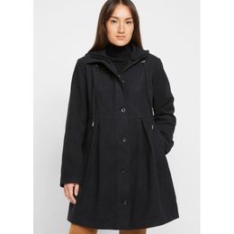 bonprix Damen bonprix Wintermantel &raquo;Mantel mit Kapuze und Bundfalten, A-Linie&laquo; aus Polyester, Viskose und Elasthan, mit Polyesterfutter schwarz 50