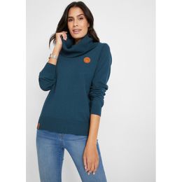 bonprix Damen bonprix Strickpullover &raquo;Feinstrickpullover mit weitem Kragen&laquo; aus Baumwollmischung, weiter Rollkragen, mit kleinen Leder-Details blau 48
