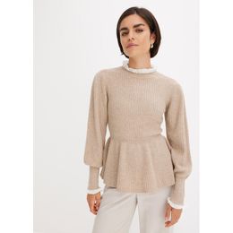 bonprix Damen bonprix Strickpullover &raquo;Pullover&laquo; aus Polyester und Elasthan, mit Blusen-Einsatz, bequeme Passform beige 44/46 (L)