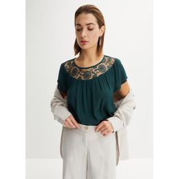bonprix Damen bonprix Kurzarmbluse &raquo;Bluse aus reiner Viskose&laquo; gerade Passform, f&uuml;r vielseitige Anl&auml;sse, aus Viskose, mit Spitze gr&uuml;n 52