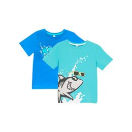 bonprix Jungen bonprix T-Shirt Packung, 2, 2 Stk. bequeme Passform, Kurzarm, mit Haifisch-Druck, aus Baumwolle blau 116/122