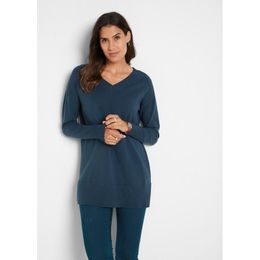 bonprix Damen bonprix Longpullover &raquo;Long-Pullover&laquo; aus Baumwolle und Polyamid, mit V-Ausschnitt, mit Seitenschlitzen blau 44/46 (L)
