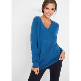 bonprix Damen bonprix Strickpullover &raquo;Strickpullover mit V-Ausschnitt, Oversized Fit&laquo; aus Polyacryl, Polyester und Elasthan, mit Rippb&uuml;ndchen blau 44/