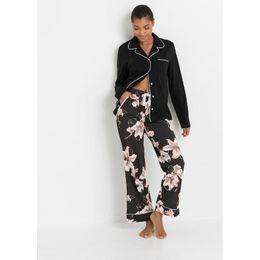 bonprix Damen bonprix Pyjama Set, 2, bequeme Passform, mit Knopfleiste, zweiteiliges Set, aus Baumwolle schwarz 36/38 (S)