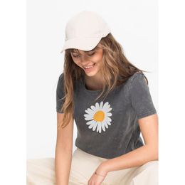 bonprix Damen bonprix T-Shirt &raquo;T-Shirt aus reiner Baumwolle&laquo; Slim Fit Passform, Kurzarm-Design, mit G&auml;nsebl&uuml;mchen-Print grau 40/42 (M)