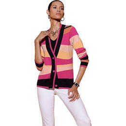 CR&Eacute;ATION L Damen Feinstrickjacke mit Rippb&uuml;ndchen fuchsia-papaya-gemustert Gr&ouml;&szlig;e 38
