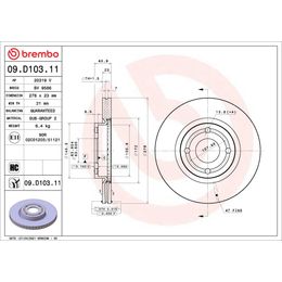 Brembo Bremsscheibe 09.D103.11 vorne rechts links bel&uuml;ftet 278mm f&uuml;r FORD K1BC1125AB 2272661