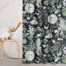 Duschvorhang Wei&szlig;e Bl&uuml;ten und Schmetterlinge auf Blau