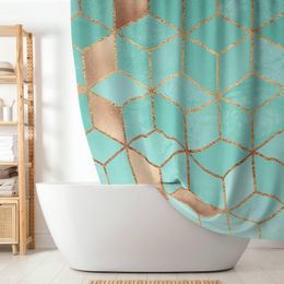 Duschvorhang T&uuml;rkis Wei&szlig; goldene Geometrie