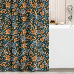 Duschvorhang Orange Blaue Bl&uuml;ten auf dunklem Petrol