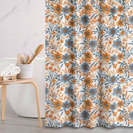Duschvorhang Orange Blaue Bl&uuml;ten auf Wei&szlig;