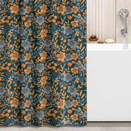 Duschvorhang Orange Blaue Bl&uuml;ten auf dunklem Petrol