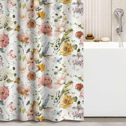 Duschvorhang Blumen und V&ouml;gel Aquarell Muster