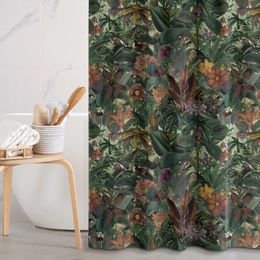 Duschvorhang Dschungel Bl&auml;tter und Bl&uuml;ten in Orange und Gr&uuml;n