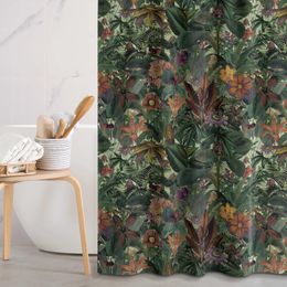 Duschvorhang Dschungel Bl&auml;tter und Bl&uuml;ten in Orange und Gr&uuml;n