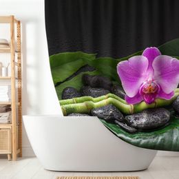 Duschvorhang Gr&uuml;ner Bambus mit Orchideenbl&uuml;te