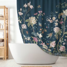 Duschvorhang Illustrierte Blumen Chinoiserie auf Dunkelblau