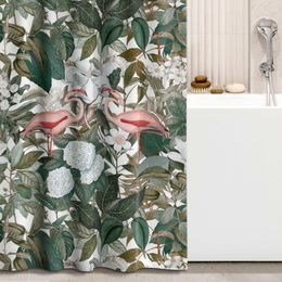 Duschvorhang Rosa Flamingos mit Bl&auml;ttern und wei&szlig;en Blumen