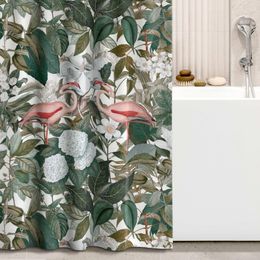 Duschvorhang Rosa Flamingos mit Bl&auml;ttern und wei&szlig;en Blumen