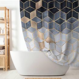 Duschvorhang Blau Wei&szlig; goldene Geometrie