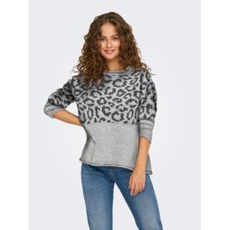 Rundhalspullover Only "ONLJADE ANIMAL LS O-NECK NOOS KNT", Damen, Gr. M, light grau melange pattern:leo, dunkelgrau melange, Strick, Obermaterial: 81% Polyacryl, 19% Polyester, gemustert, regular fit normal, Rundhals, Rippstrickb&uuml;ndchen, Pullover Rundhalspullover