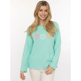 Sweatshirt Zwillingsherz "Love Smile Luck", Damen, Gr. SM (S/M), gr&uuml;n (mint), Sweatware, Obermaterial: 50% Baumwolle, 50% Polyester, unifarben mit Farbeinsatz, comfort fit h&uuml;ftlang, Rundhals, Sweatshirts Sweatshirt, mit Used-Look Kanten und Stickerei vorne und hinten