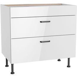 Unterschrank KOCHSTATION "KS-Paula", wei&szlig; glanz, wei&szlig;, B:90cm H:87cm T:58,4cm, Schr&auml;nke, Unterschrank, 90 cm breit, 87 cm hoch, 2 Ausz&uuml;ge f&uuml;r autarkes Einbaukochfeld