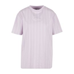 T-Shirt Karl Kani "Karl Kani Small Signature Essential Pinstripe OS Tee lilac/white", Damen, Gr. L, lila, wei&szlig;, 100% Baumwolle, bedruckt, normal, Rundhals, Shirts T-Shirt