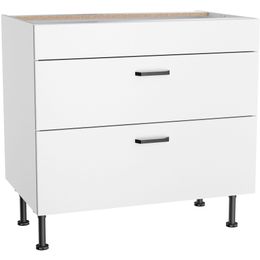 Unterschrank KOCHSTATION "KS-Paula", wei&szlig; matt, wei&szlig;, B:90cm H:87cm T:58,4cm, Schr&auml;nke, Unterschrank, 90 cm breit, 87 cm hoch, 2 Ausz&uuml;ge f&uuml;r autarkes Einbaukochfeld