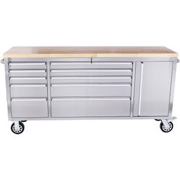 Werkstattwagen ONDIS24 "Werkzeugwagen aus Edelstahl mit 1 T&uuml;r 10 Schubladen", silberfarben, B:198cm H:95cm T:49cm, Stahl, Werkstattwagen, fahrbar, kugelgelagerten Schubladen, abschlie&szlig;bar, Massivholzplatte