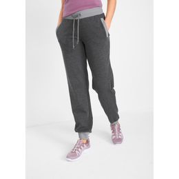 Jogginghose bonprix "Jogginghose mit Kontrastb&uuml;ndchen", Damen, Gr. 52/54 (XXL), N-Gr, schwarz (schwarz meliert), Obermaterial: 60% Baumwolle, 40% Polyester, regular fit, Hosen Jogginghose, aus Baumwoll-Mix, Regular Fit, mit Kontrastb&uuml;ndchen, Casual Stil