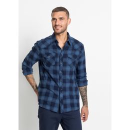 Flanellhemd bonprix, Herren, Gr. 49/50 (4XL), N-Gr, blau (dunkelblau, jeansblau kariert), Obermaterial: 100% Baumwolle, regular fit, Hemden, Regular Fit, aus Baumwoll-Flanell, mit Karo-Muster, mit Kentkragen